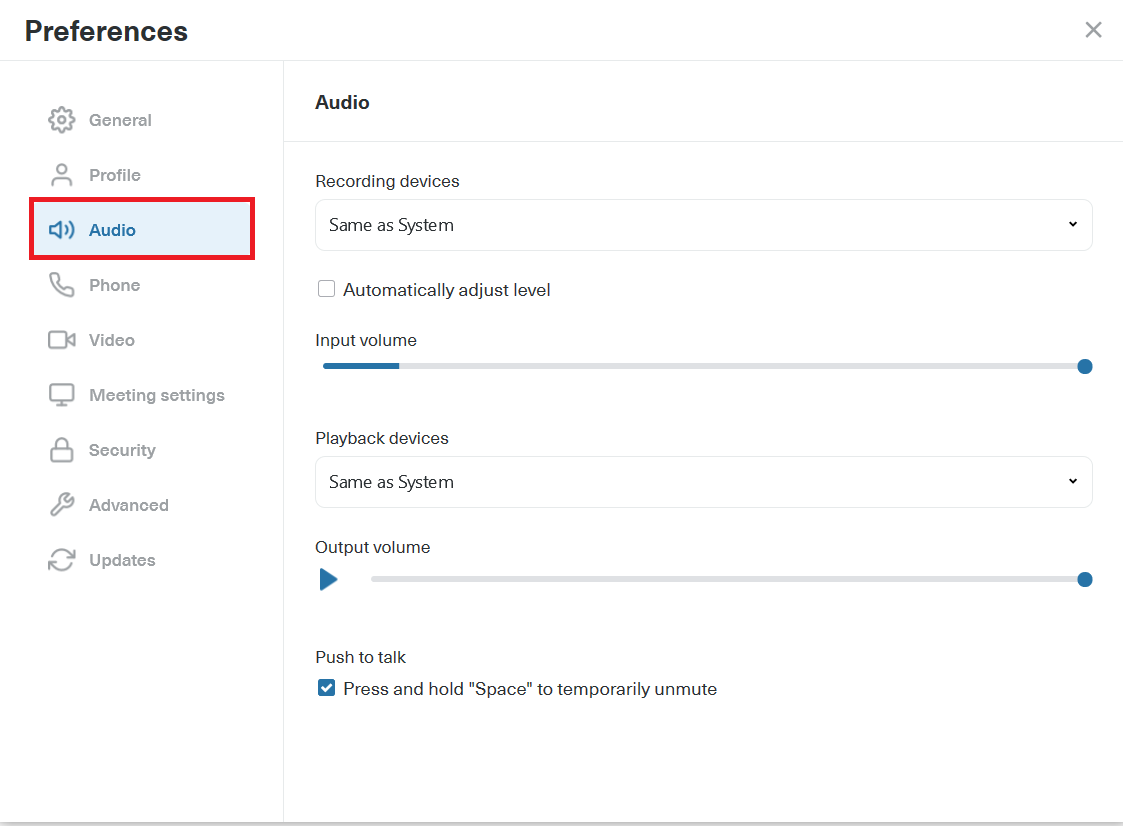 Desktop app view of the Audio preferences section
