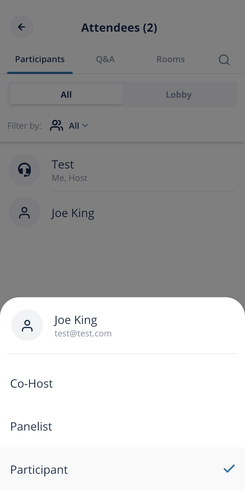 Mobile app view on how to change a participants role to Co-Host/Panelist