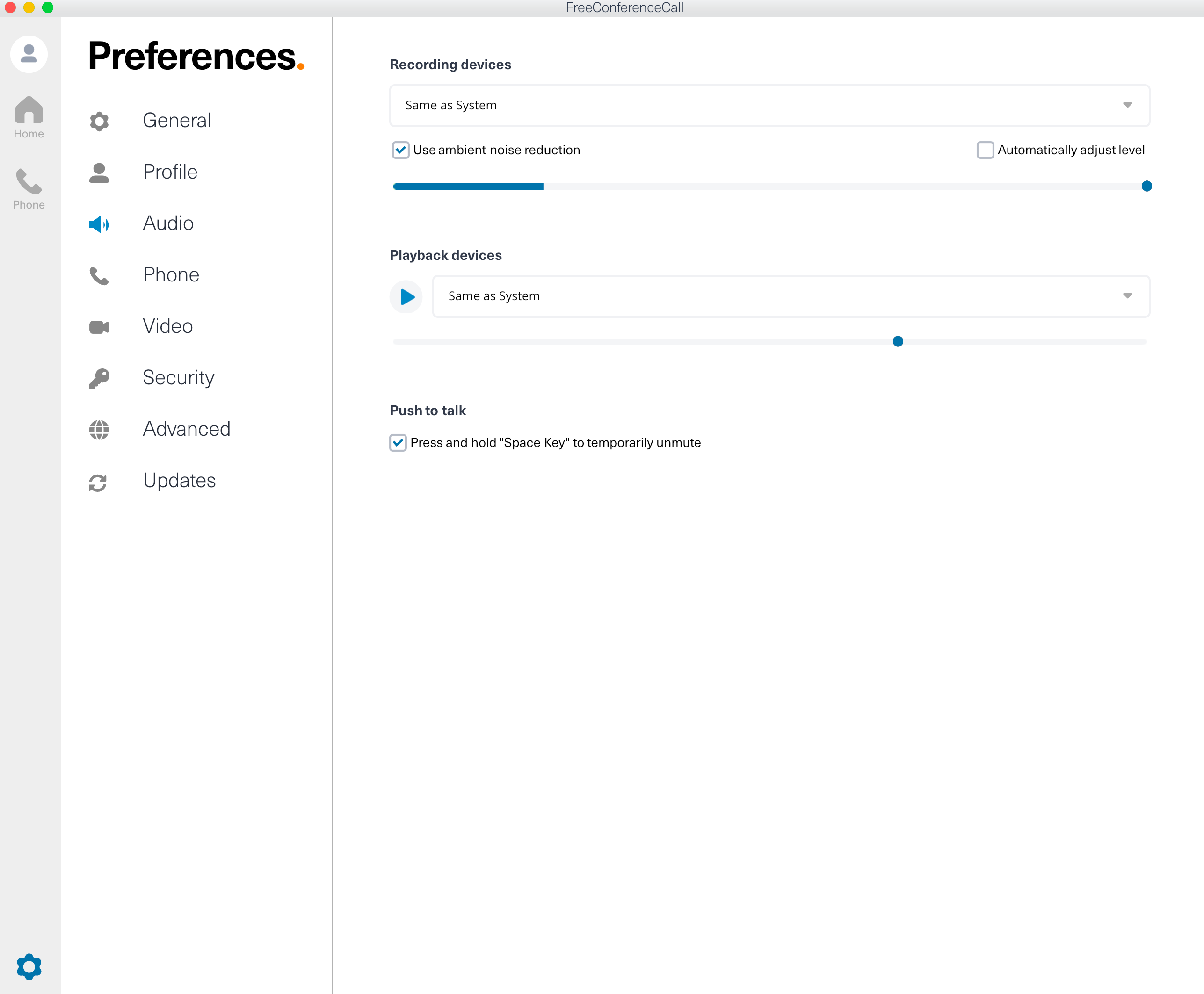 Desktop app view of the Audio preferences section