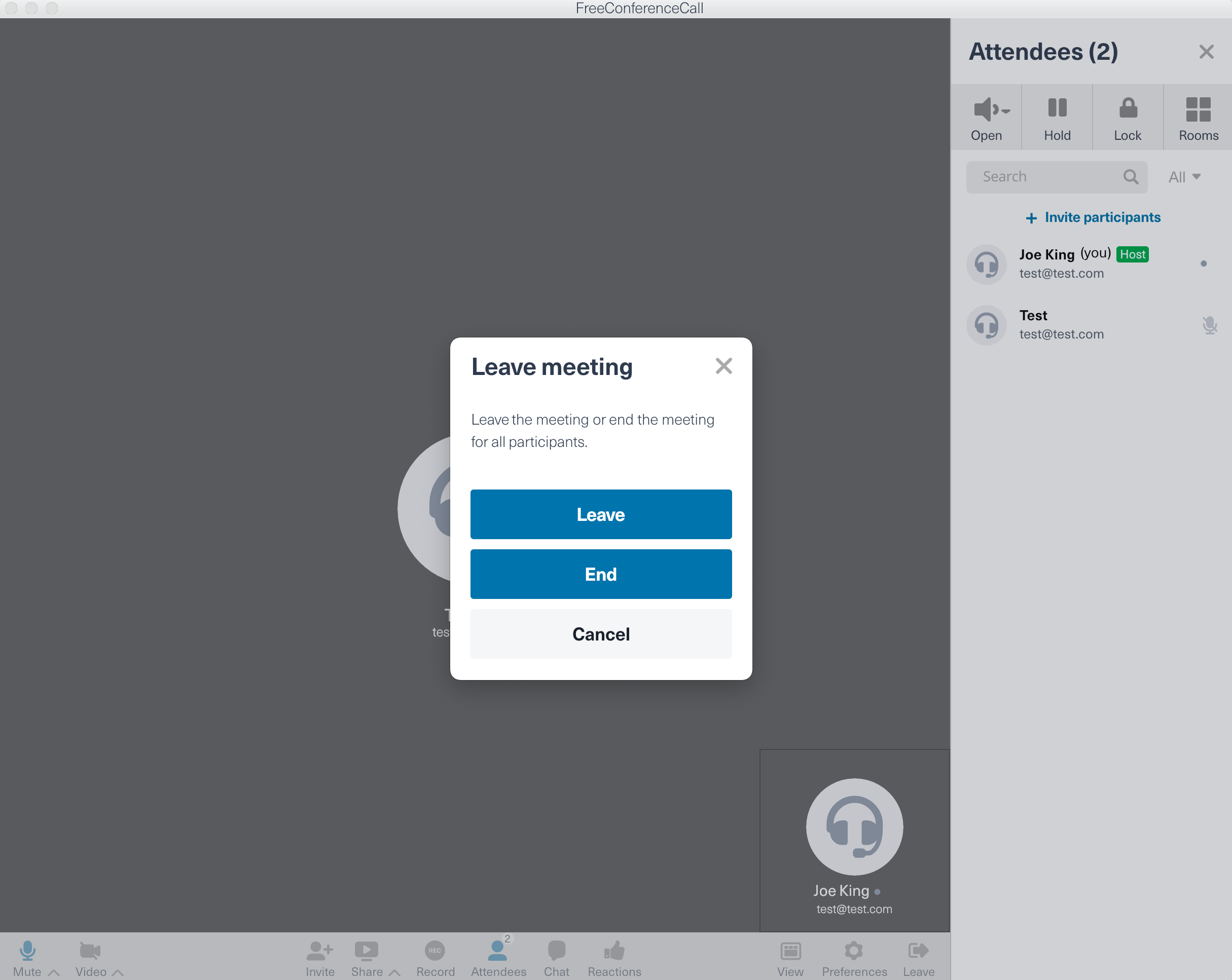 2. End : Disconnect any caller and officially end the meeting.