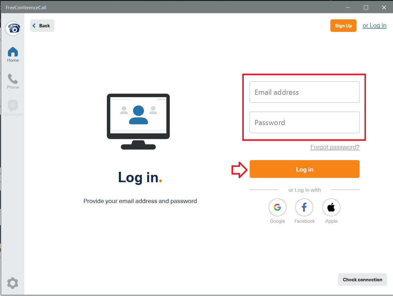 Enter your email address and password, then click "Log in".