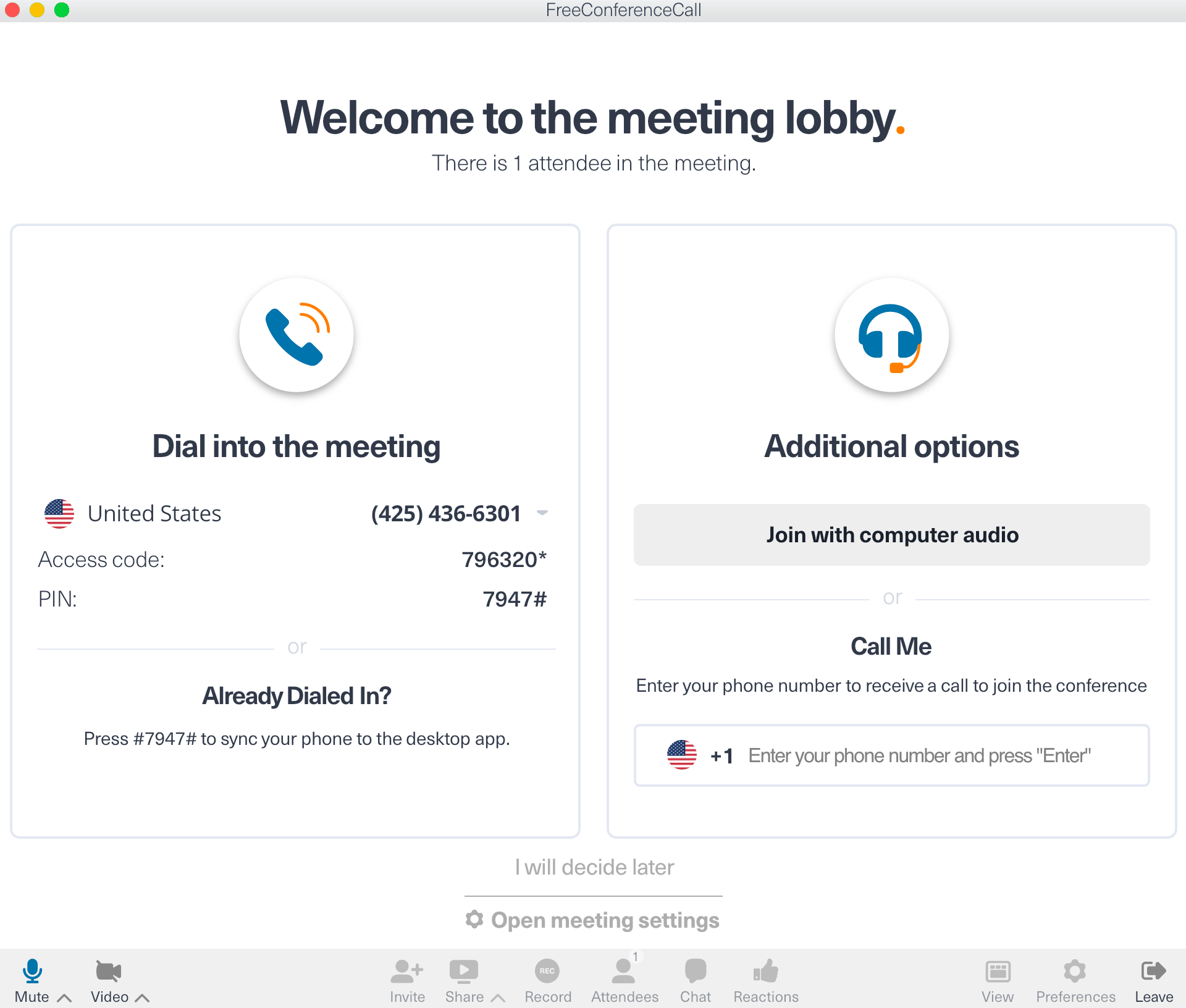 View of the meeting lobby from the desktop app