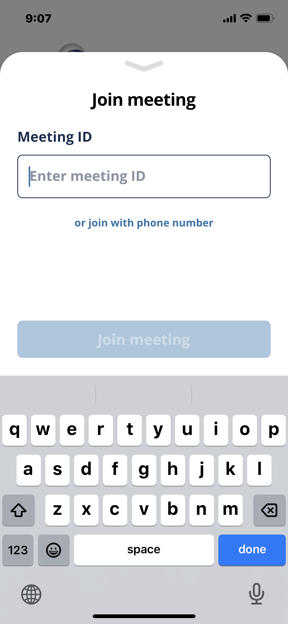 2. Enter "meeting id" or join with 'dial-in number' and 'access code'.