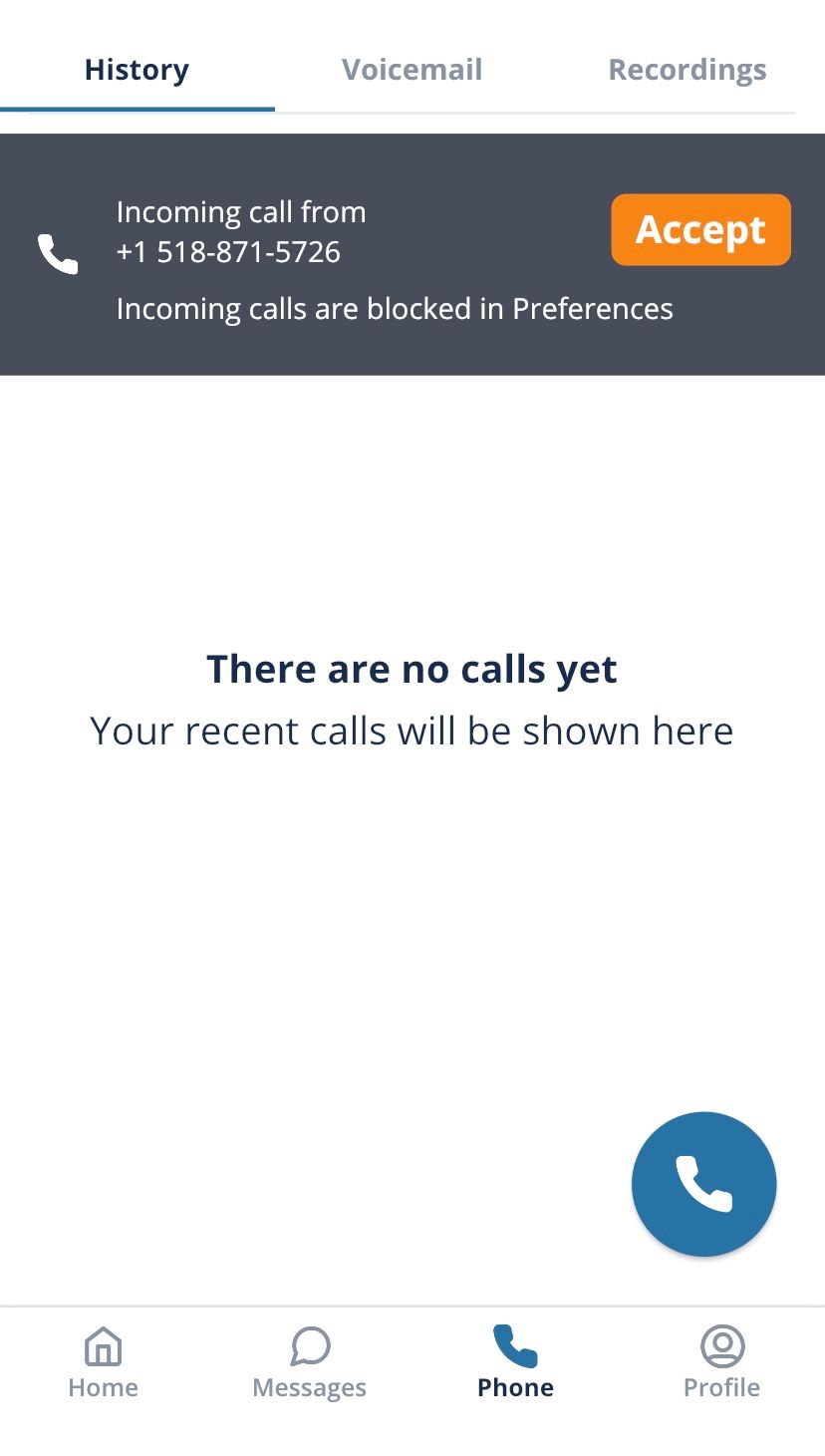 Incoming call view from within the Mobile app