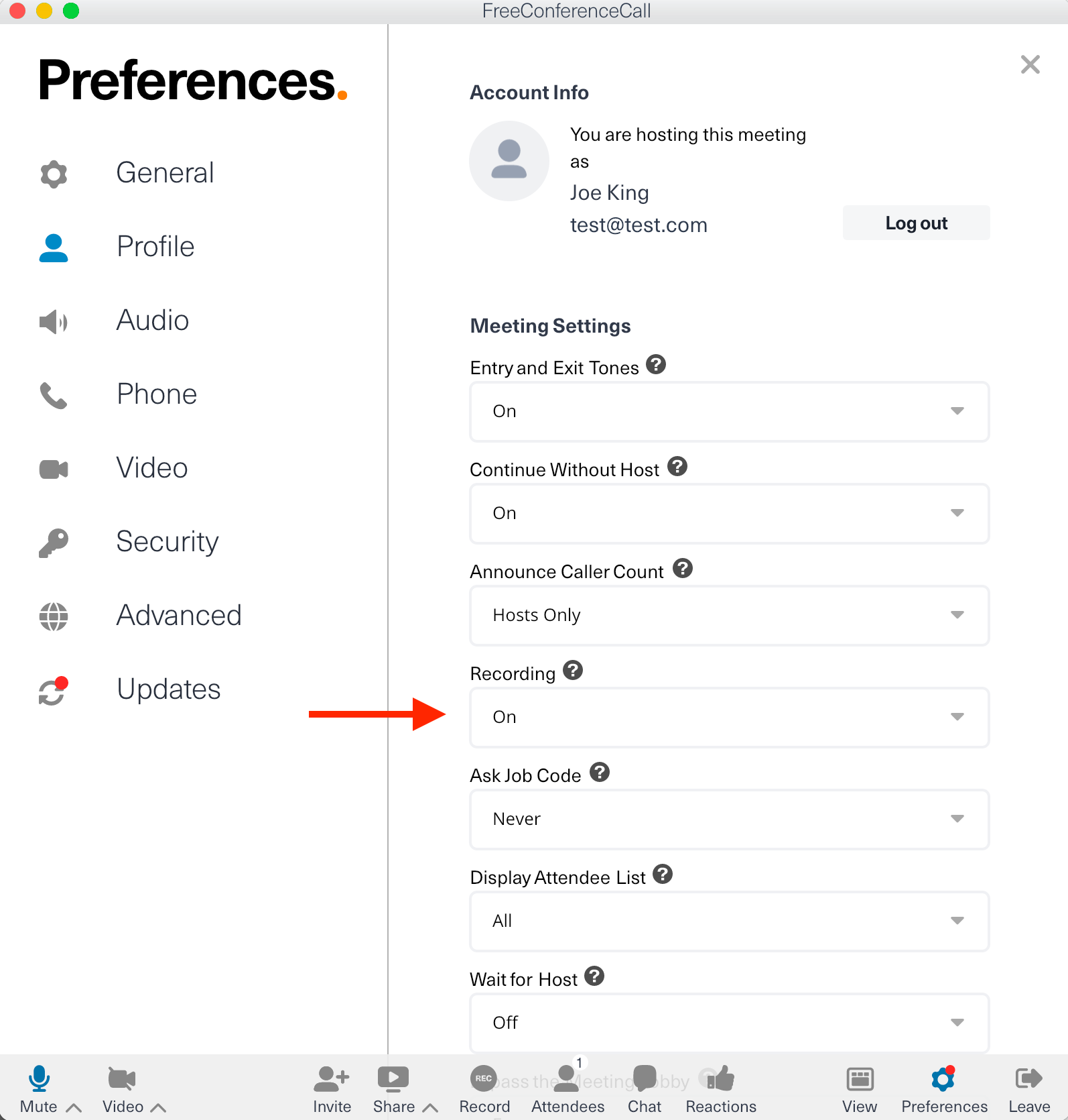 Meeting Settings: Recording