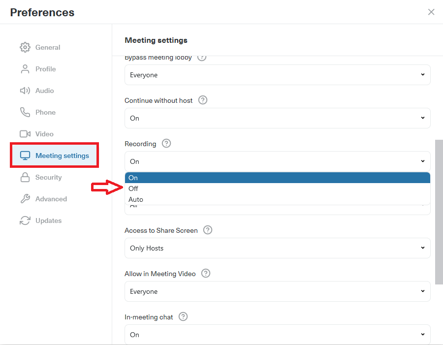 To update your preferred recording setting, click on the "Preferences ...