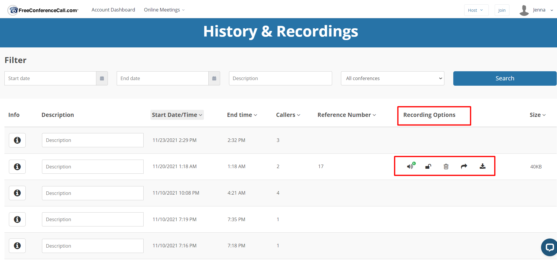 Filter your conferences by Start/End date, description, all conferences ...