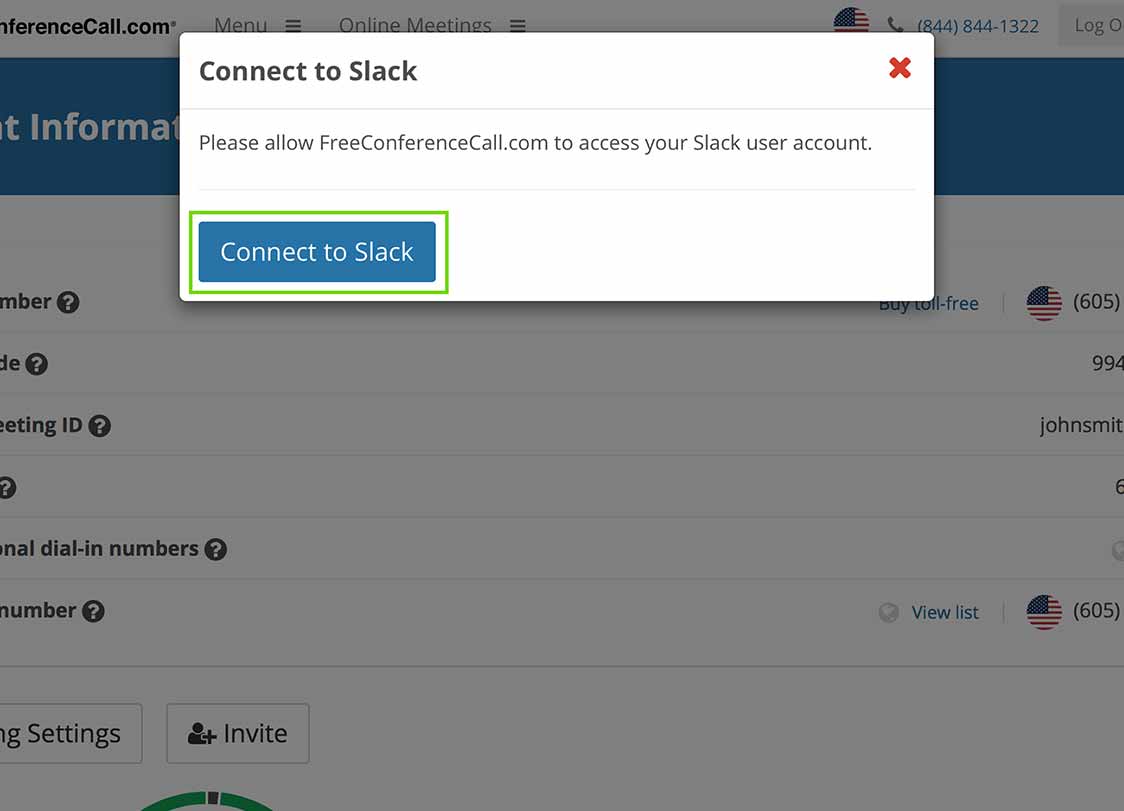 Allow FreeConferenceCall.com access to Slack. Click Authorize